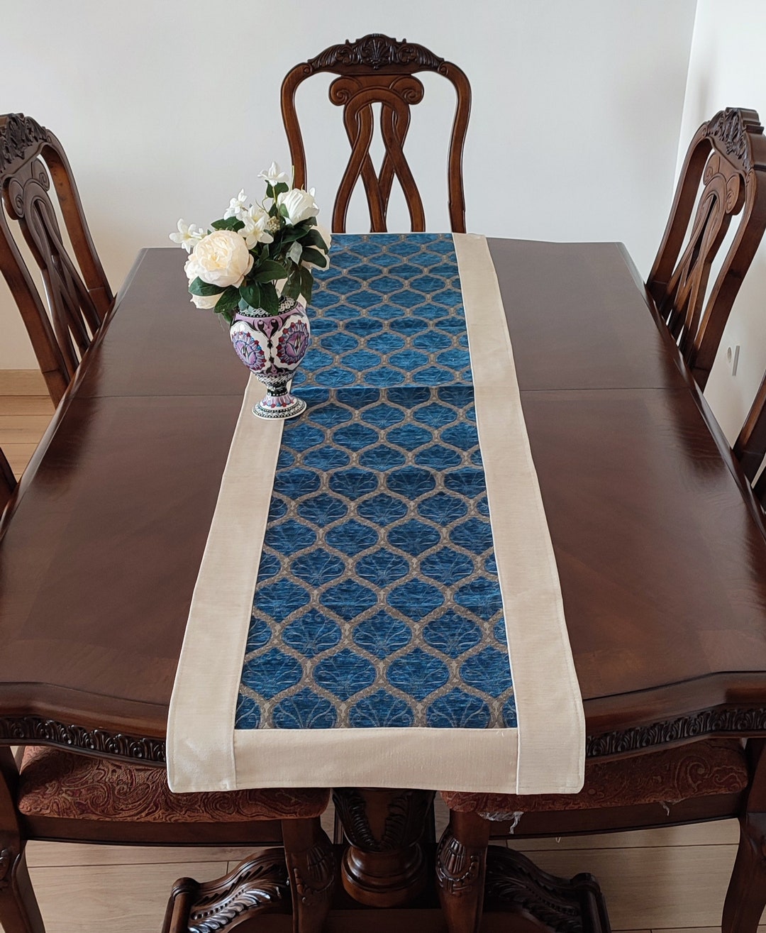 Blue & Silver Modern Table Runner, Chenille Fabric, Handmade - Etsy