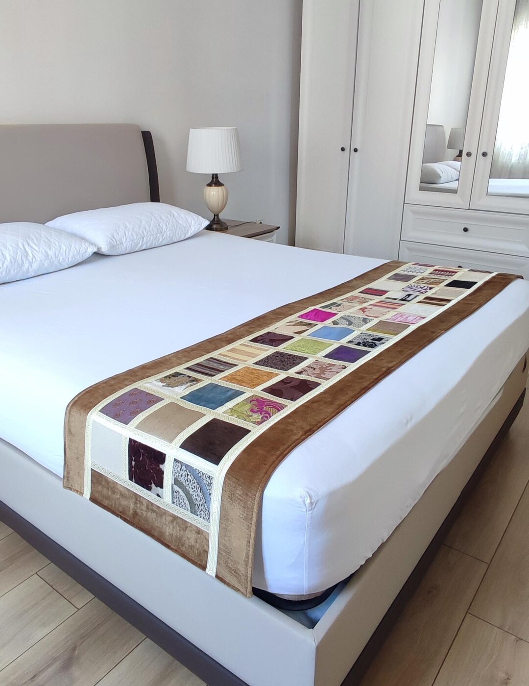 Handmade Patchwork Bed Runner: Brown Border, Modern Quilted Decor ...