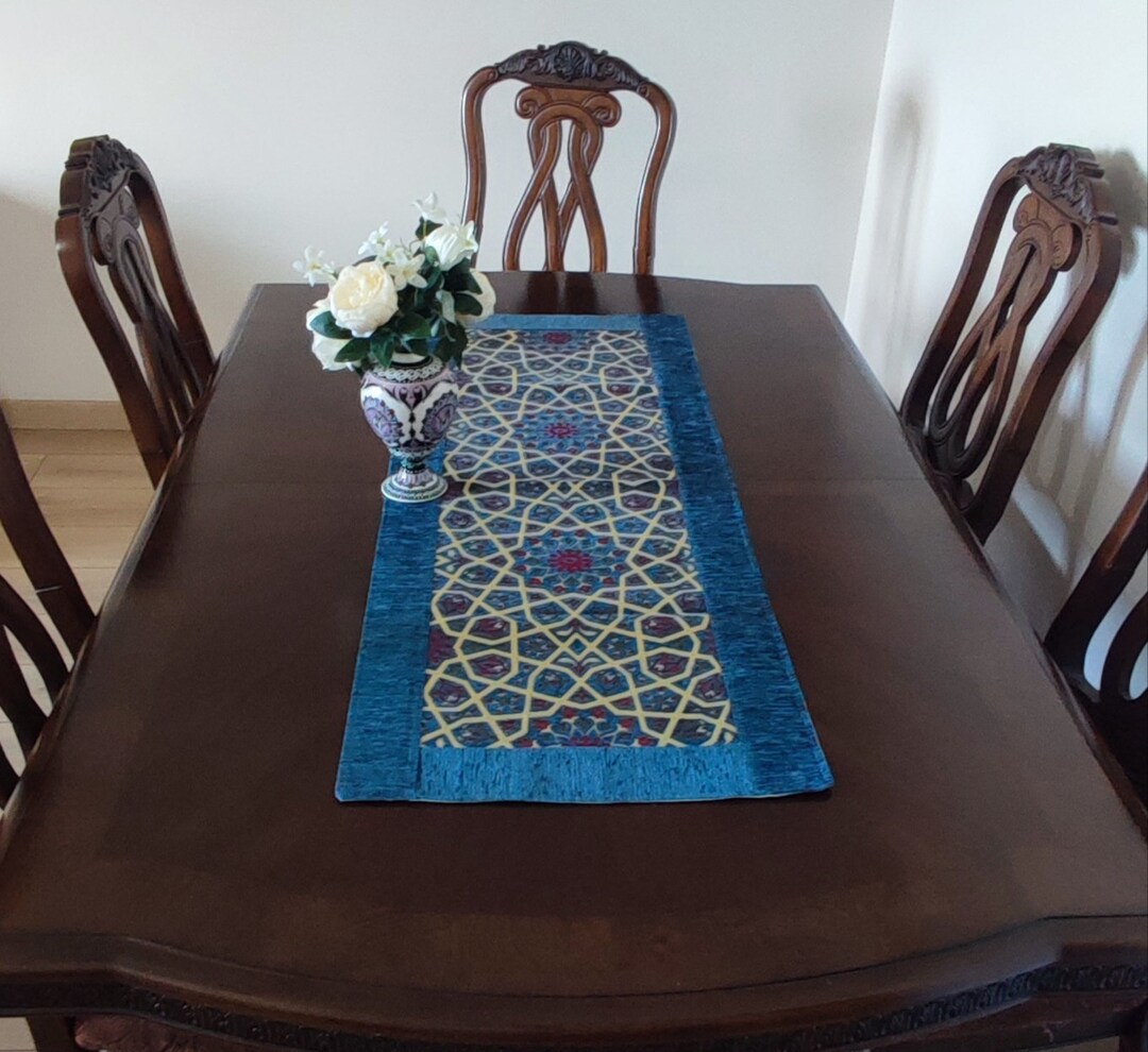 Kitchen Table Runner Tile Pattern Blue Color 20x51' Inches, Oriental ...