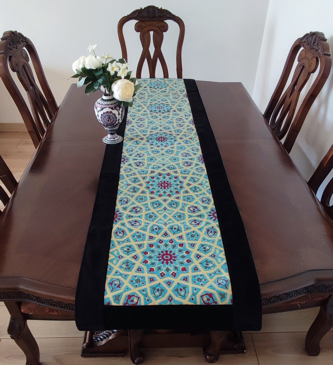 Long Dining Table Runner, Tile Pattern Turquoise & Black Colors 20x78 ...