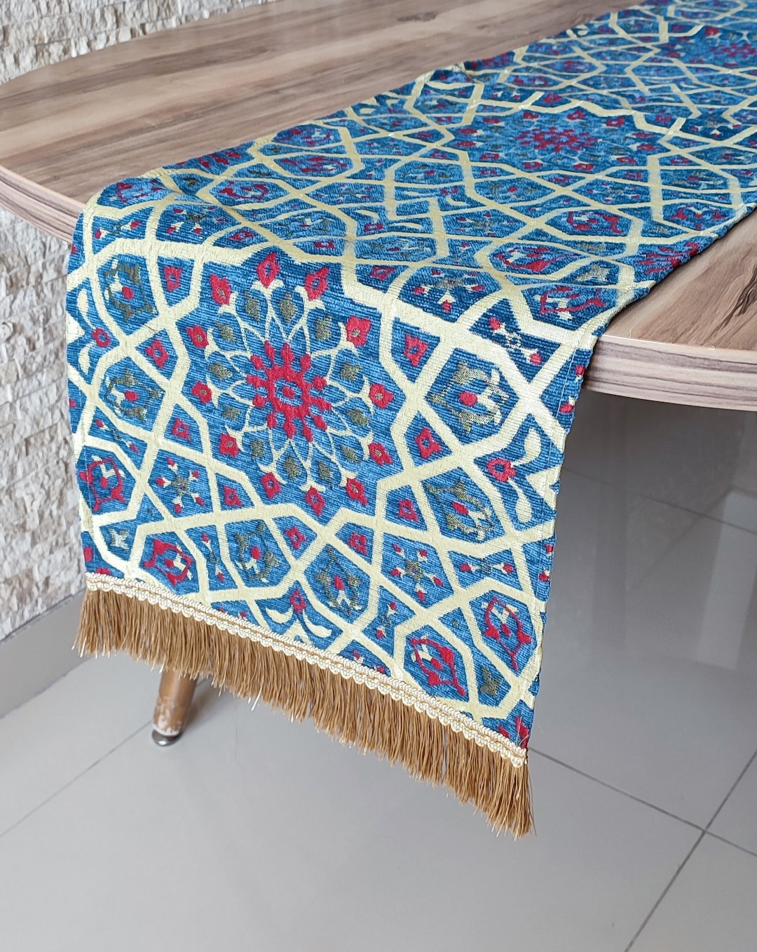 Blue Tile Pattern Table Runner: Oriental Turkish Decor (13x40" Inches ...