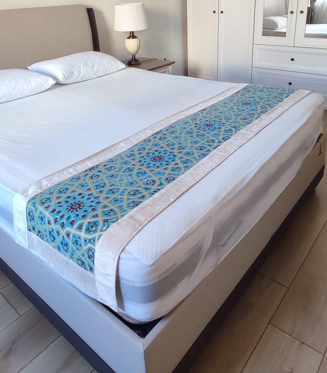 Handmade Bed Runner for Beds Sizes 55/80 or 60/80 Inches, Tile Pattern Turquoise Colors 20/78 ...