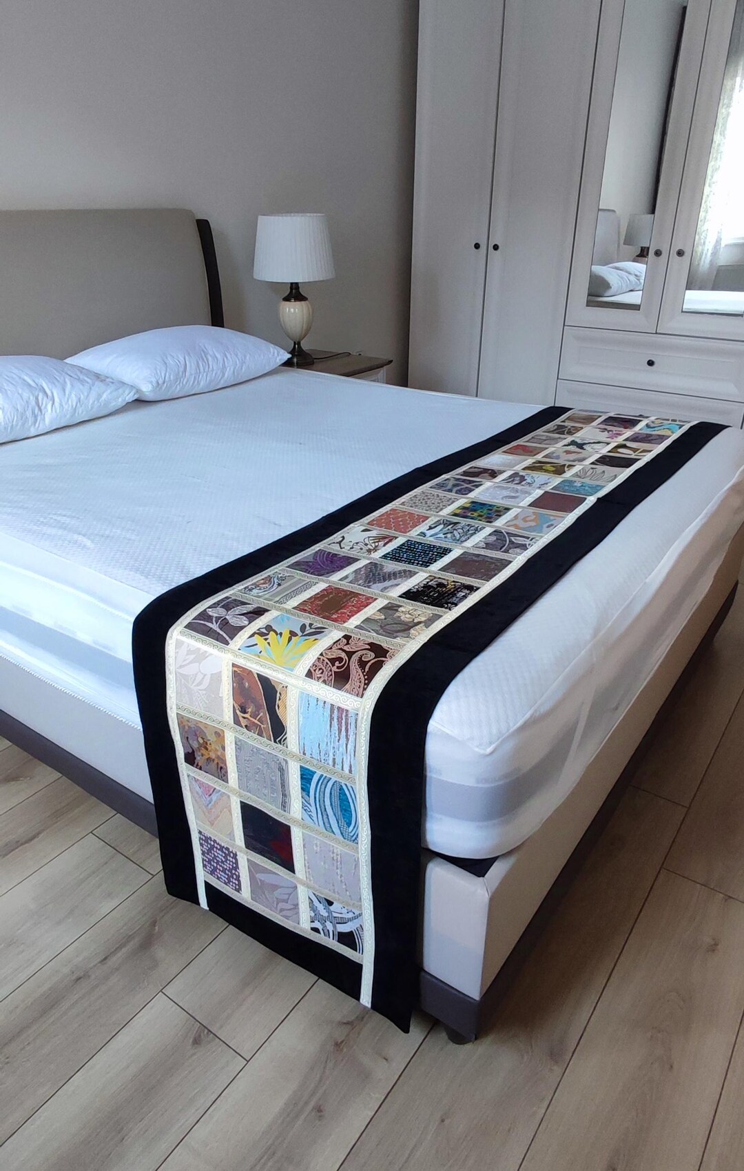 Handmade Patchwork Bed Runner: Black Border, Modern Quilted Design,king ...
