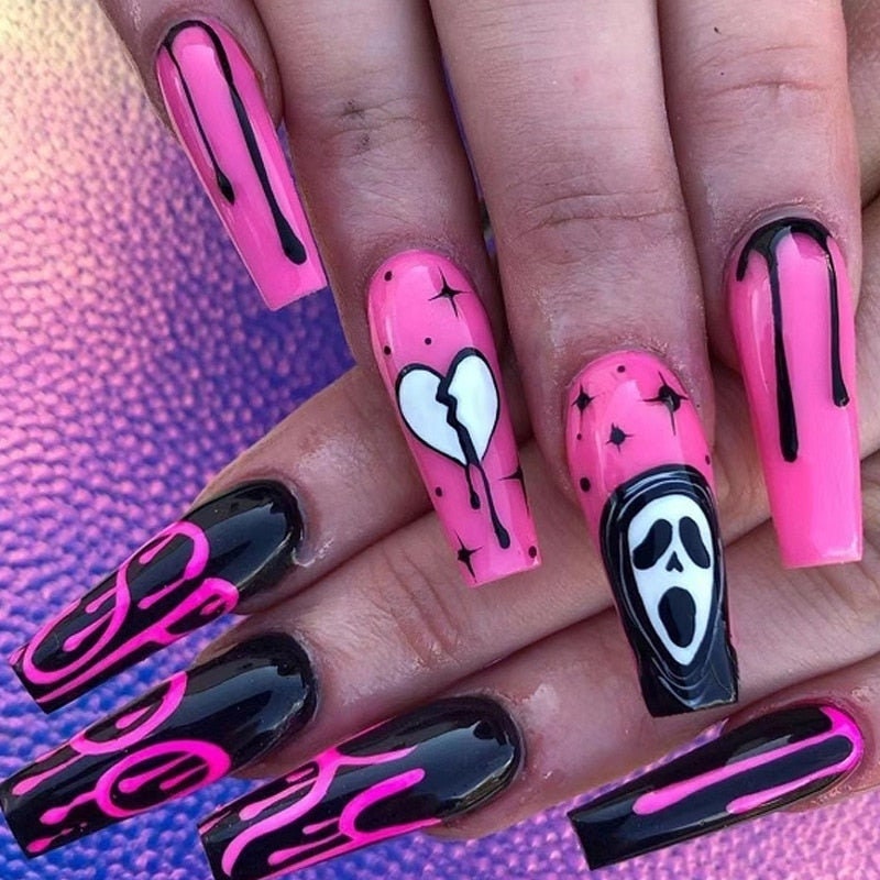 Halloween 24pcs Black Ghost Long Ballet False Nails With Heart - Etsy