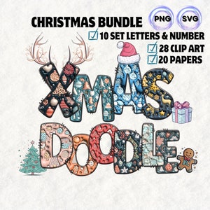 Christmas 3D Inflated Doodle Letters & Number + Clipart + Seamless ...