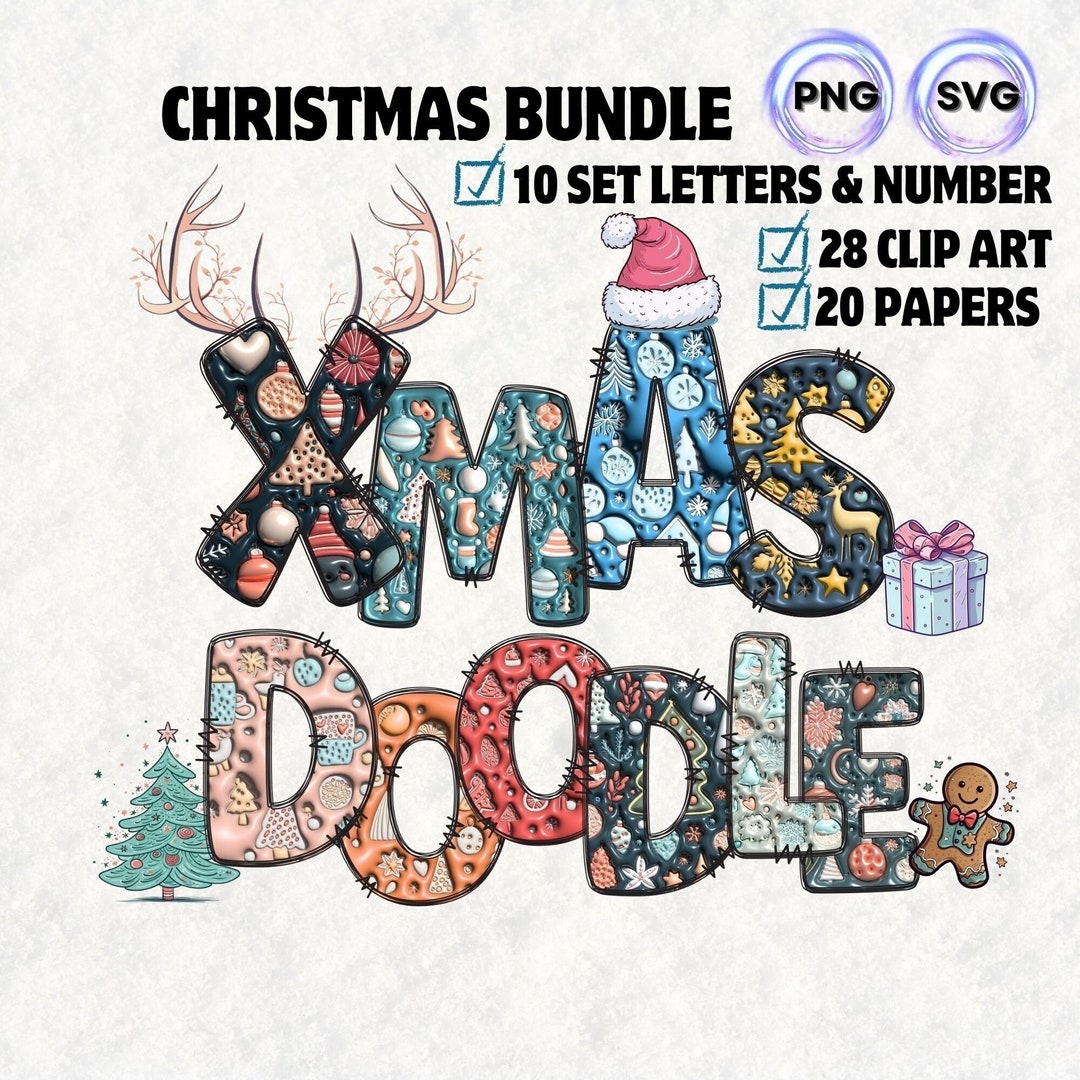 Christmas 3D Inflated Doodle Letters & Number + Clipart + Seamless ...