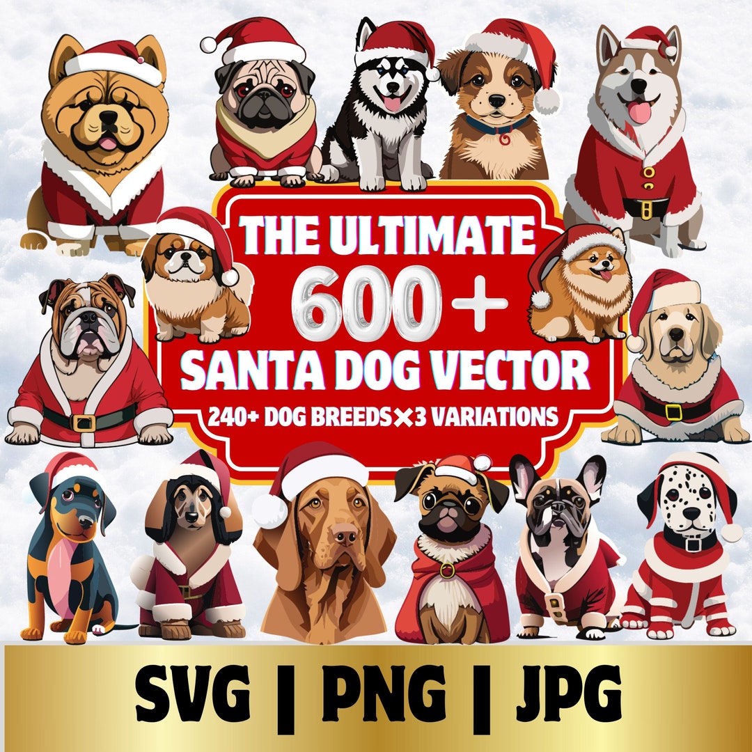 Santa Dog Christmas Vector Clipart Bundle, 600+ Santa Dog Breeds ...