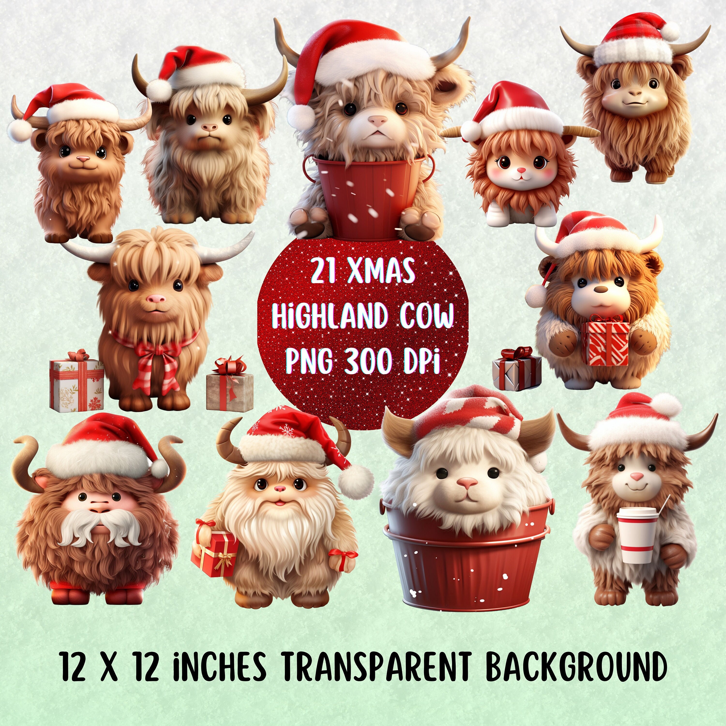 Christmas Highland Cow PNG Clip Art Bundle, Santa Baby Highland Cow ...