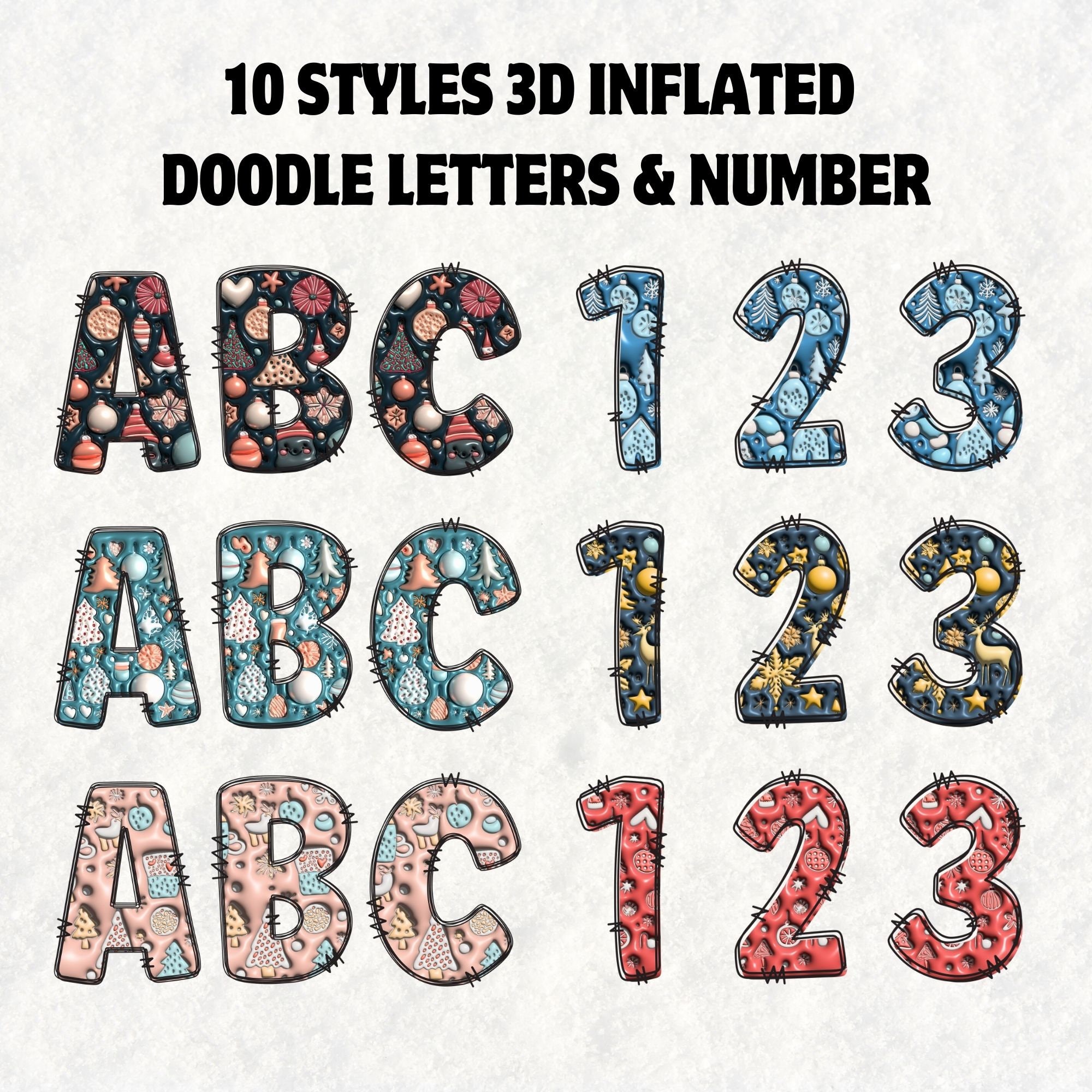 Christmas 3D Inflated Doodle Letters & Number + Clipart + Seamless ...