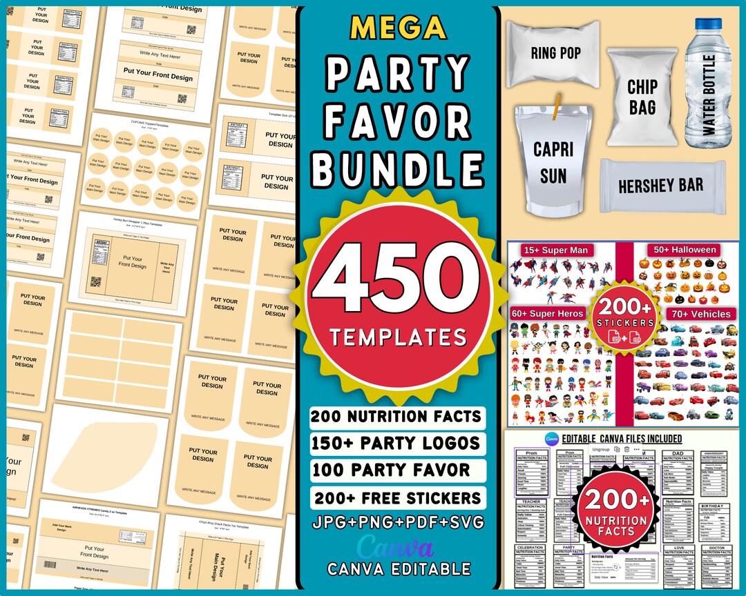 450 Party Favor Template Bundle Chip Bag Template Water - Etsy