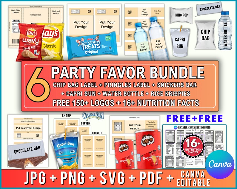 6 Party Favor Template Bundle, Chip Bag Template, Water Bottle Labels ...
