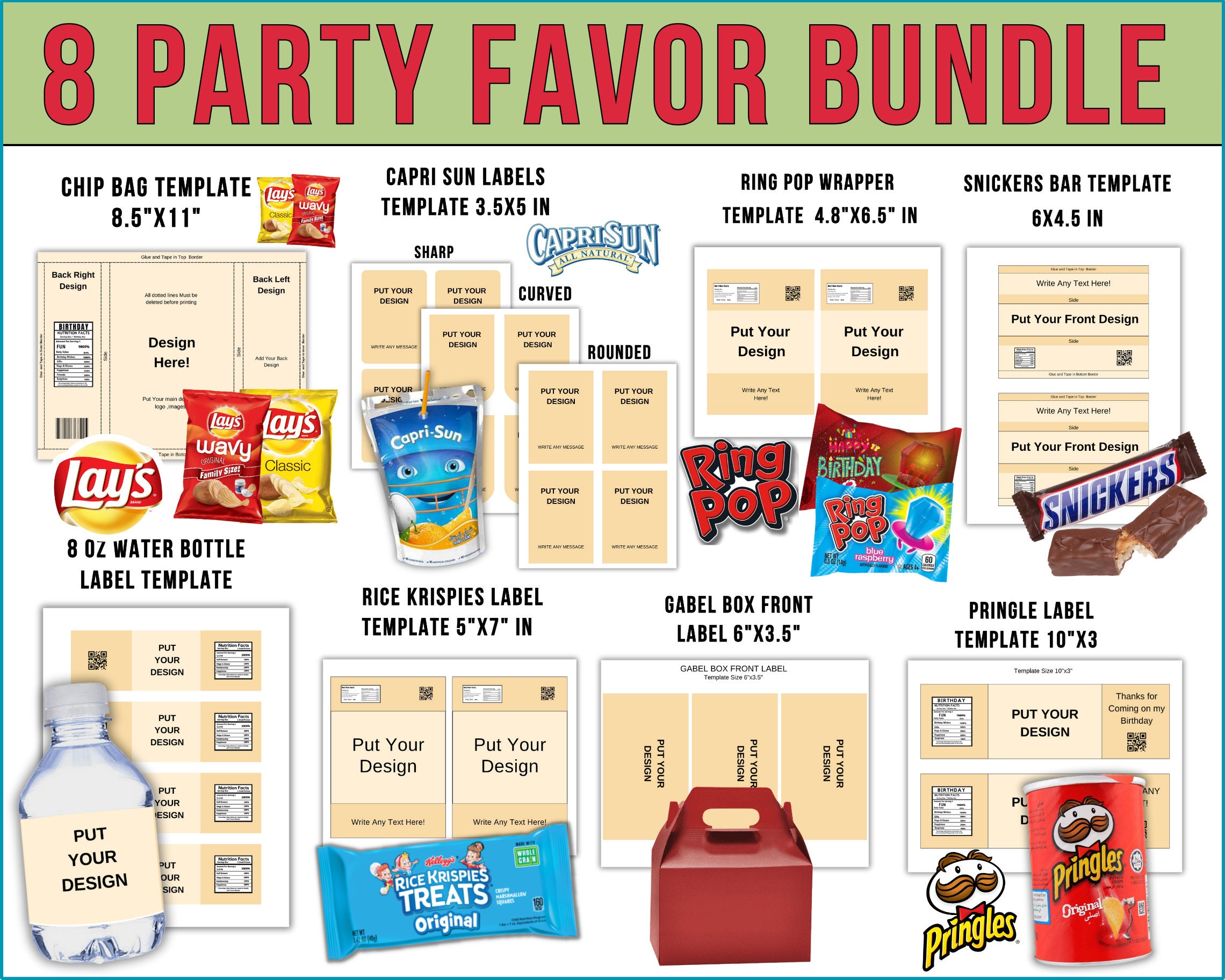 8 Party Favor Template Bundle Chip Bag Template Water Bottle - Etsy
