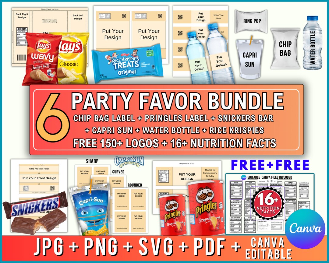 6 Party Favor Template Bundle, Chip Bag Template, Water Bottle Labels ...