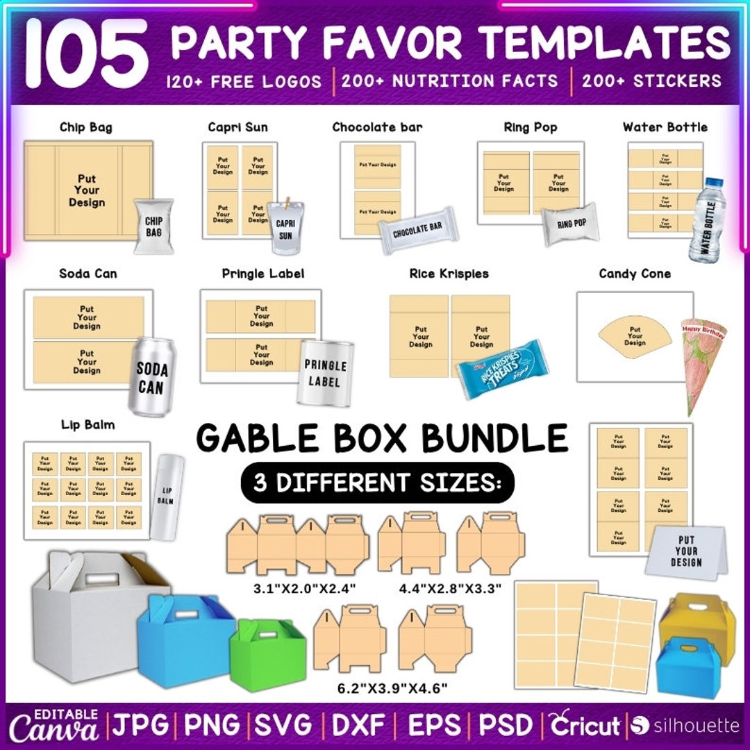 105 Party Favor Template Bundle, Gable Box, Chip Bag, Water Bottle ...