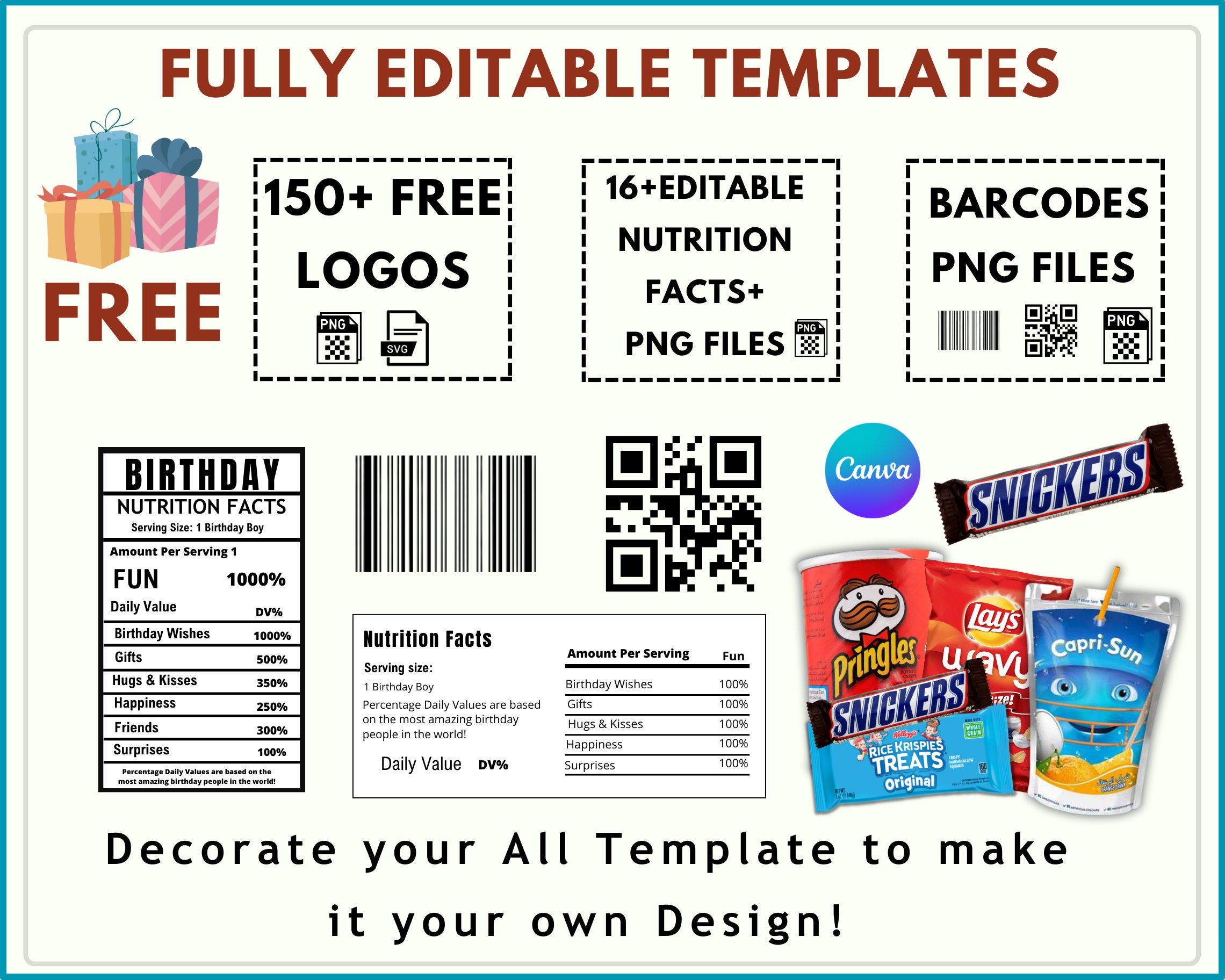 6 Party Favor Template Bundle, Chip Bag Template, Water Bottle Labels ...