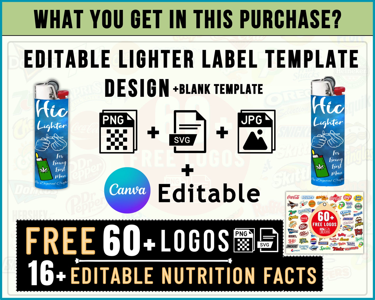 Editable Lighter Label Template, Canva SVG PNG JPG, 60+ Logos (digital ...