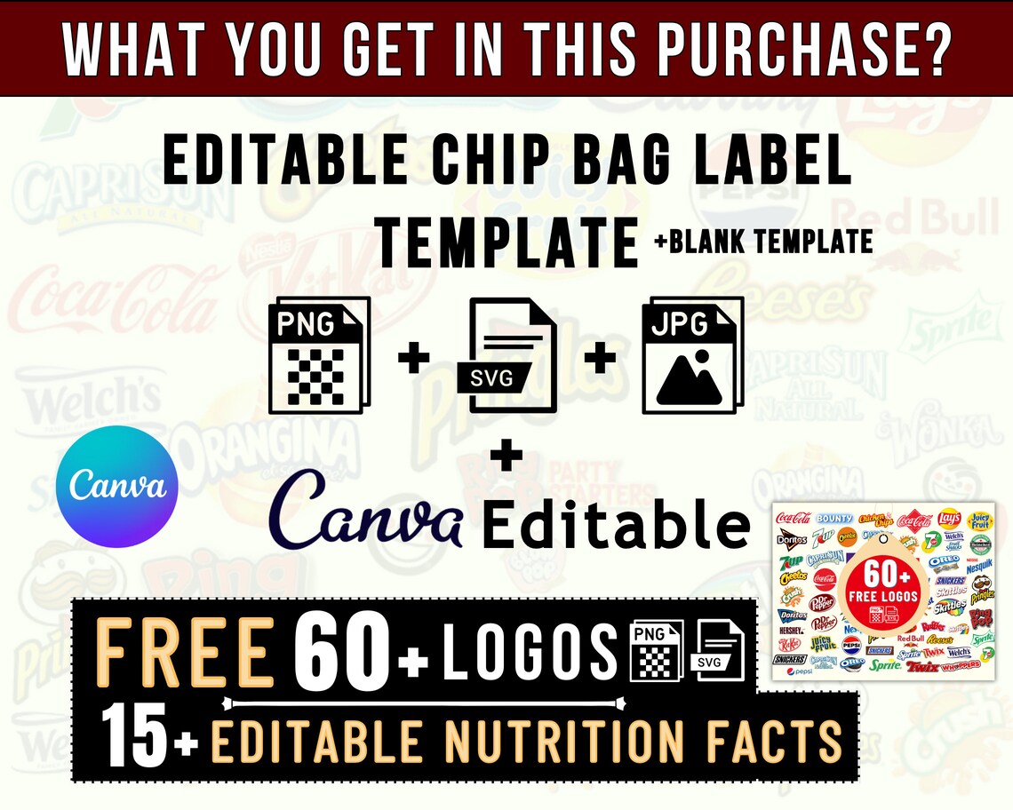 Chip Bag Template , Chip Bag Label , Printable Party Favor , Blank Chip ...