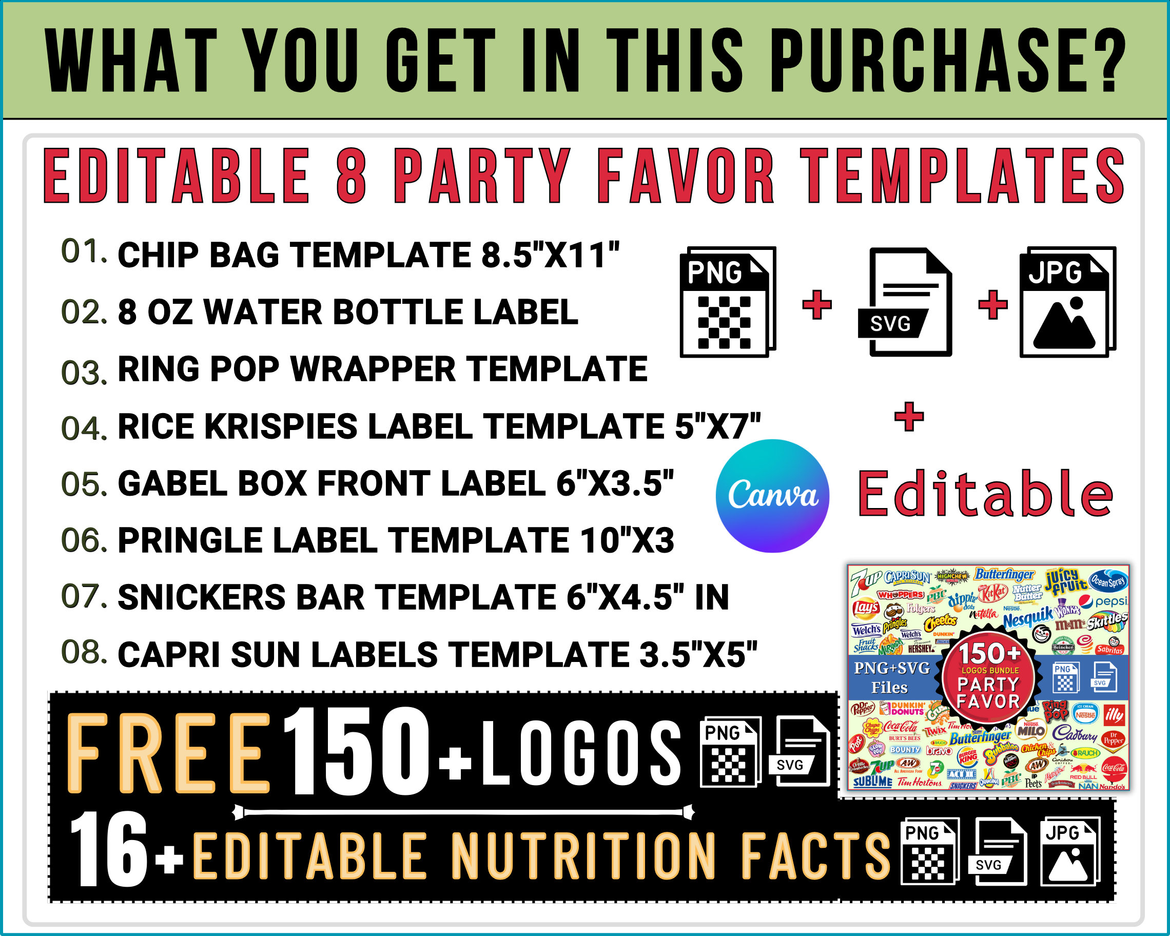 8 Party Favor Template Bundle Chip Bag Template Water Bottle - Etsy