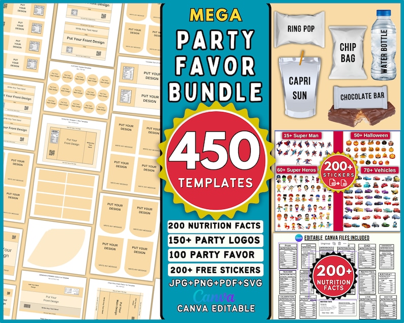450 Party Favor Template Bundle, Chip Bag Template, Water Bottle Labels ...