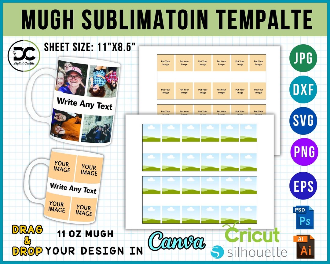 11oz Mug Template, Mug Full Wrap Template, Photo Collage Mug Labels ...