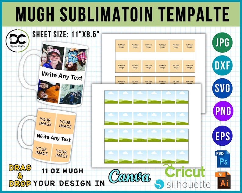 11oz Mug Template, Mug Full Wrap Template, Photo Collage Mug Labels ...