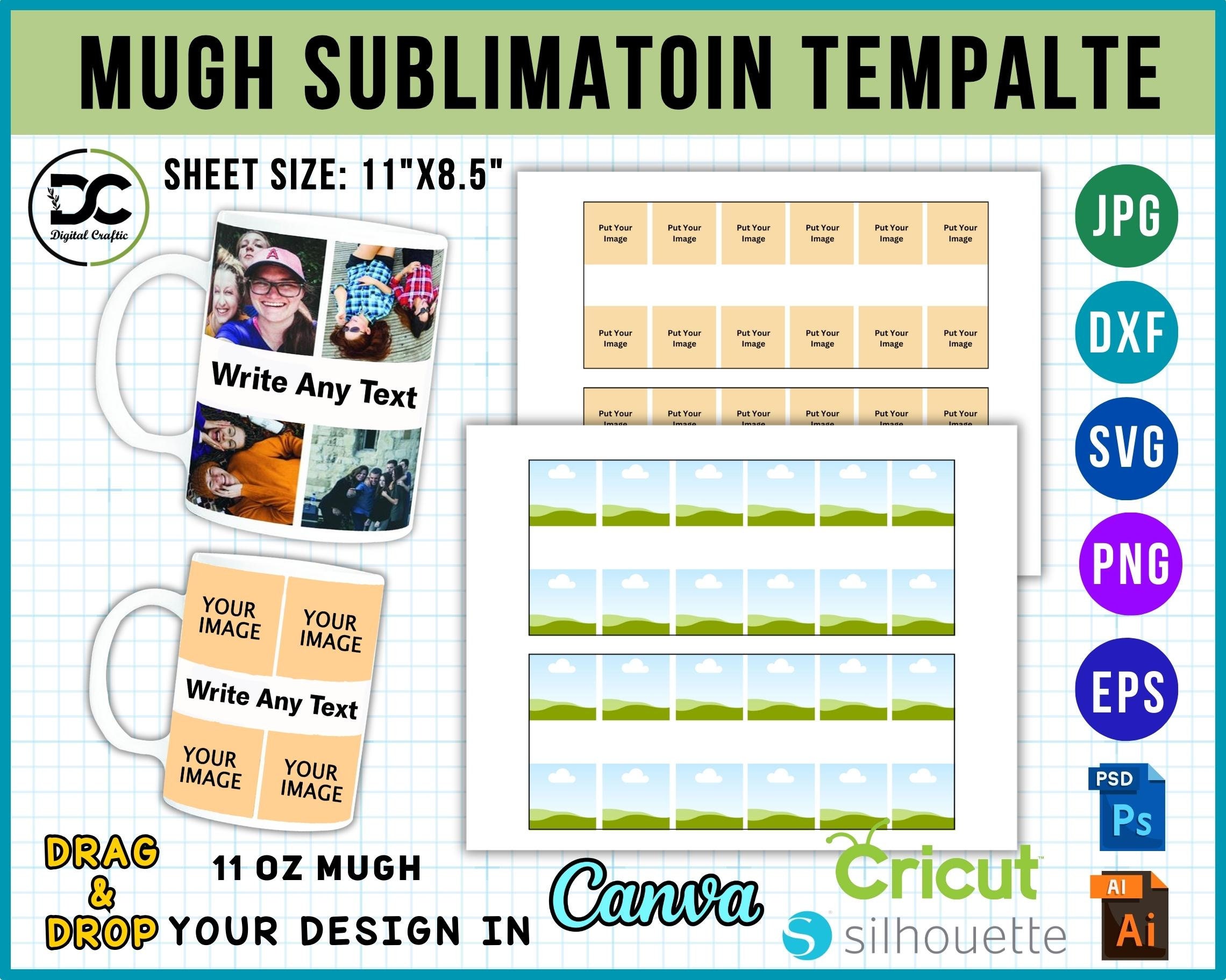 11oz Mug Template, Mug Full Wrap Template, Photo Collage Mug Labels ...