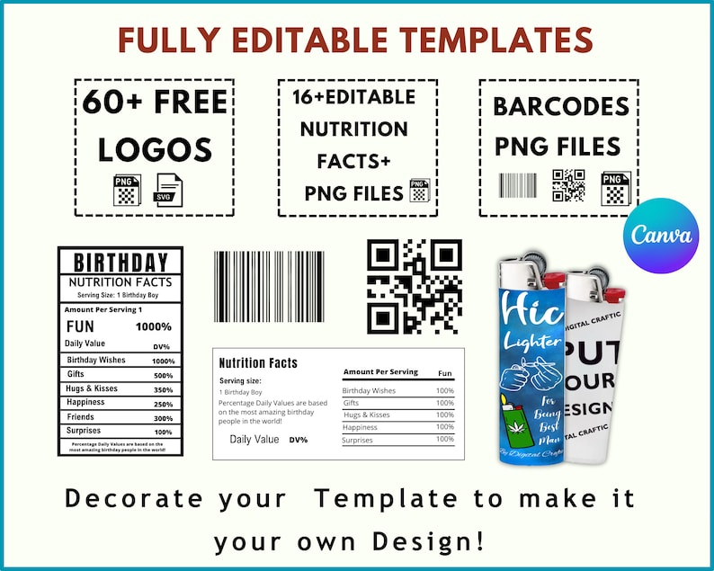 Editable Lighter Label Template, Canva SVG PNG JPG, 60+ Logos (digital ...