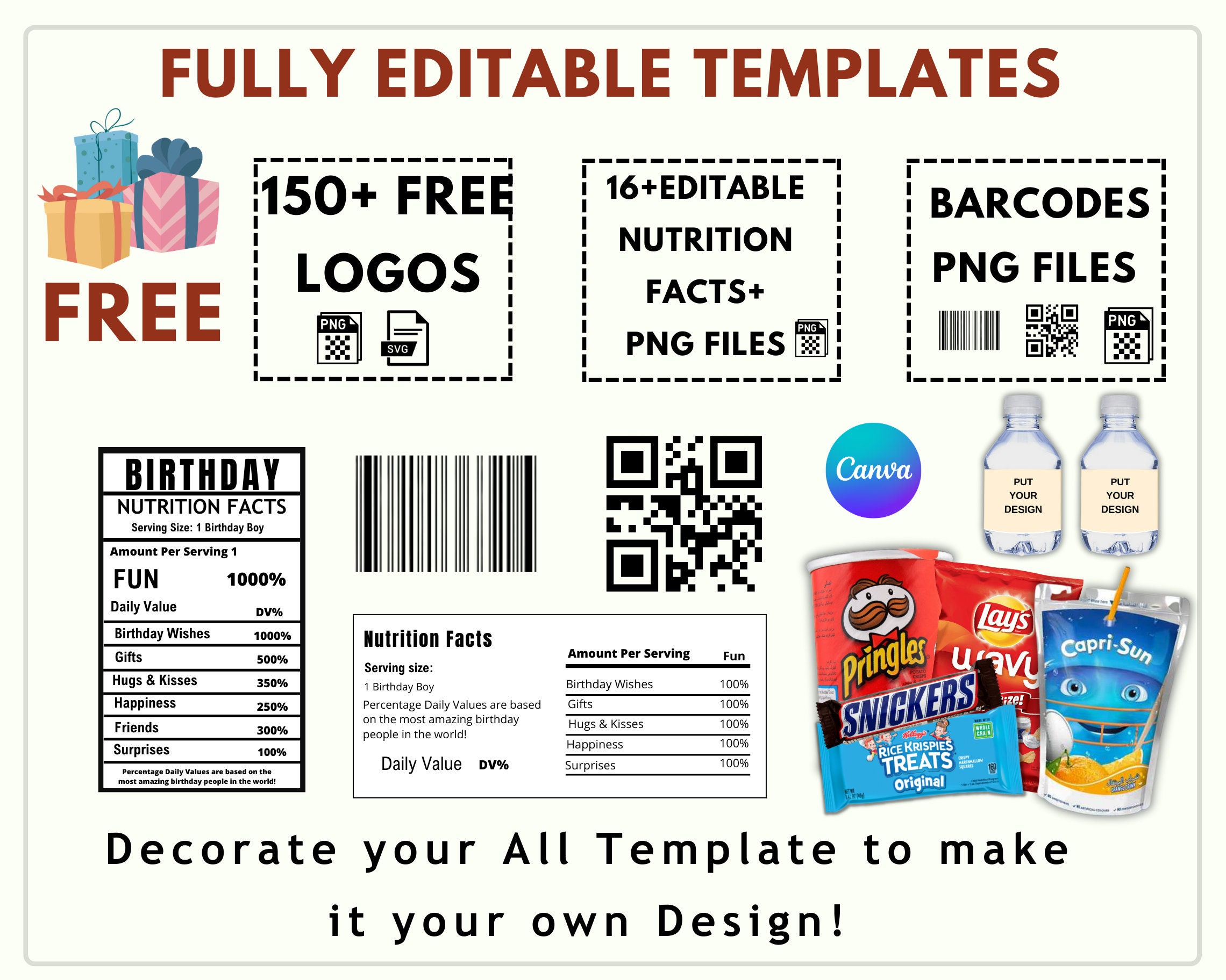 8 Party Favor Template Bundle Chip Bag Template Water Bottle - Etsy