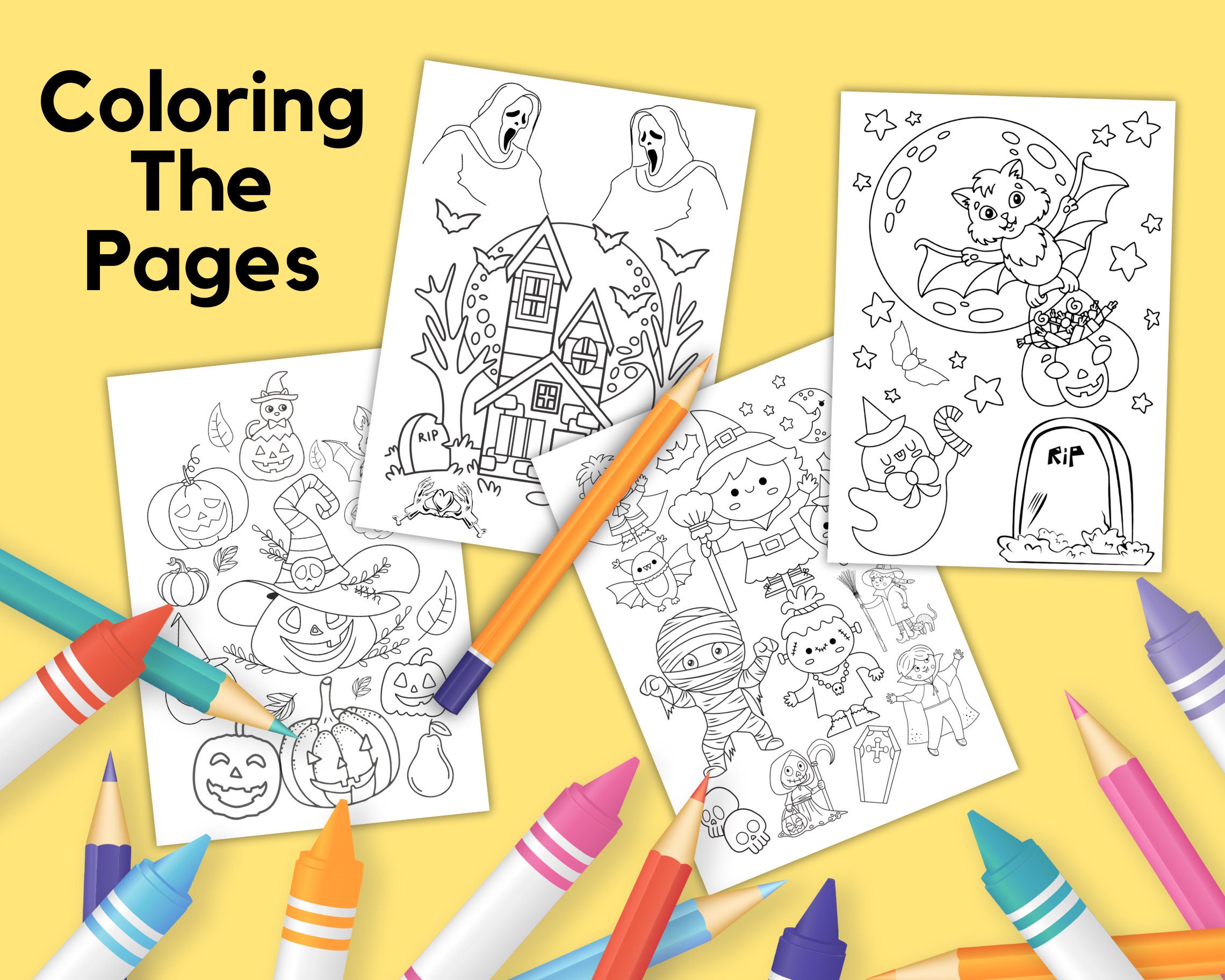 10 Halloween Coloring Pages, Kids Activity (PDF Pattern) - Etsy