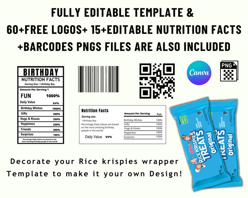 Rice Krispies Treat Template, Editable Nutrition Facts, Party Favor ...