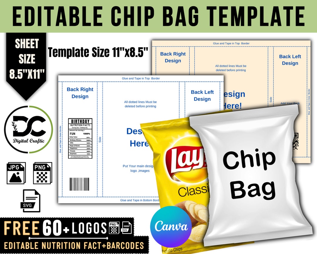 Chip Bag Template , Chip Bag Label , Printable Party Favor , Blank Chip ...