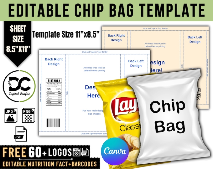 7 Party Favor Template Bundle, Chip Bag Template, Chocolate Bar , Water ...