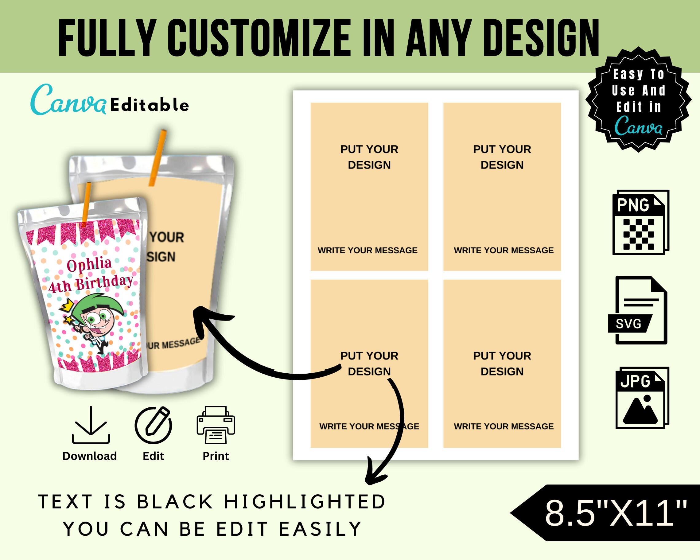 Juice Pouch Template, Juice Bag Label, Editable Canva Juice Pouch SVG ...