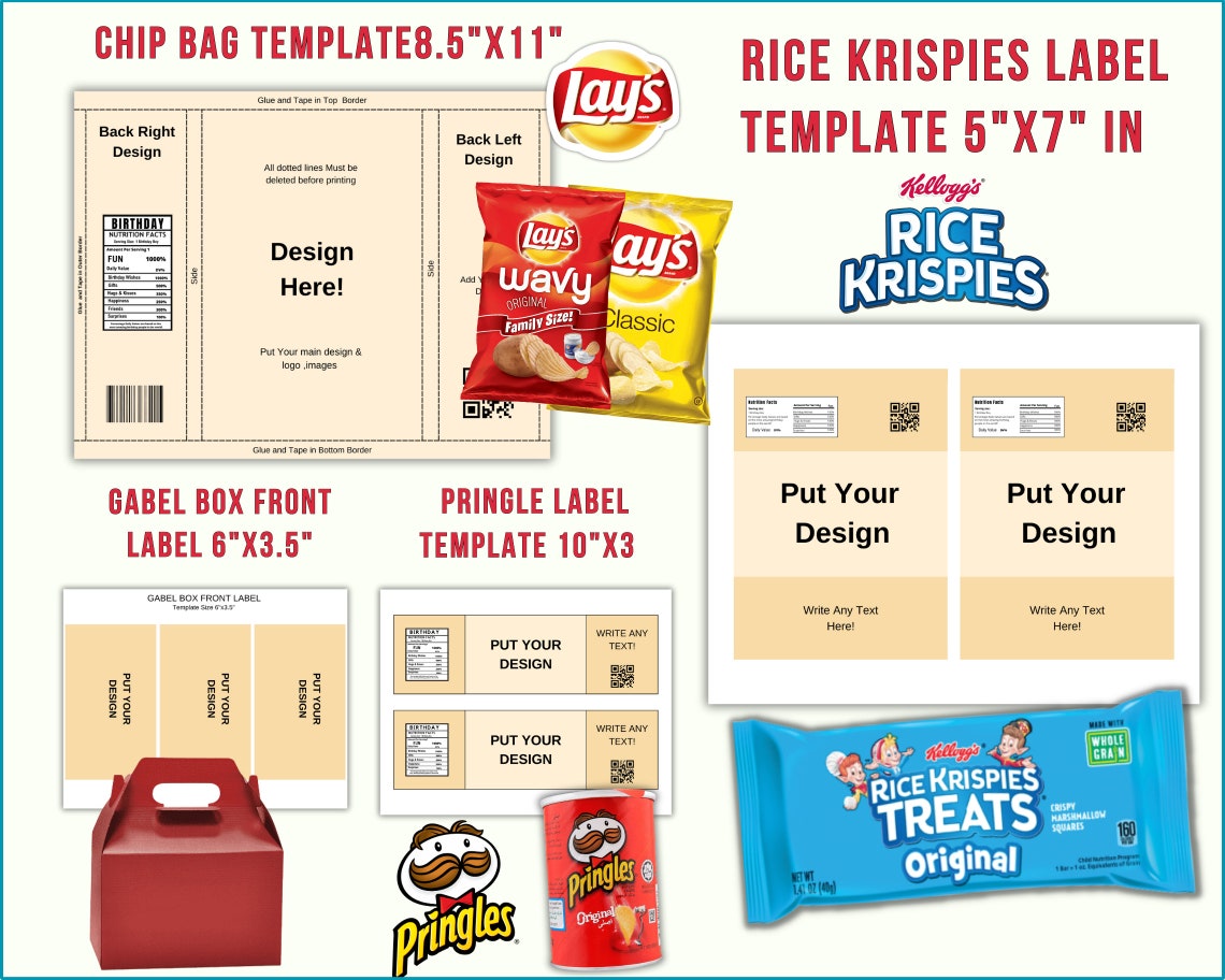 8 Party Favor Template Bundle Chip Bag Template Water Bottle - Etsy