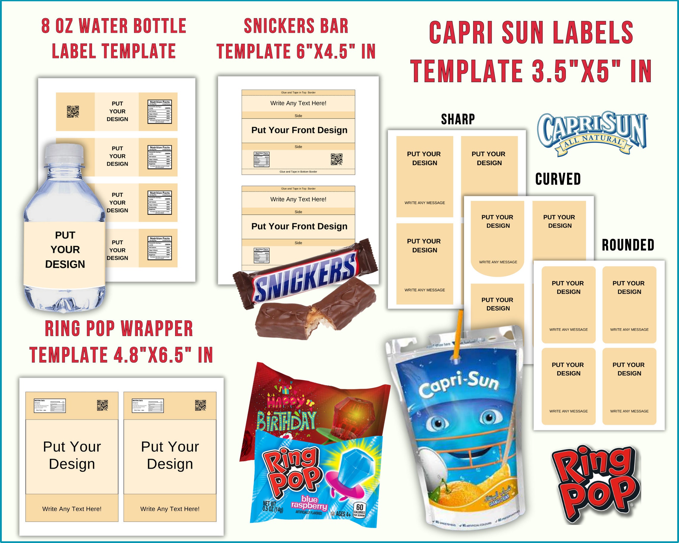 8 Party Favor Template Bundle, Chip Bag Template, Water Bottle Labels ...