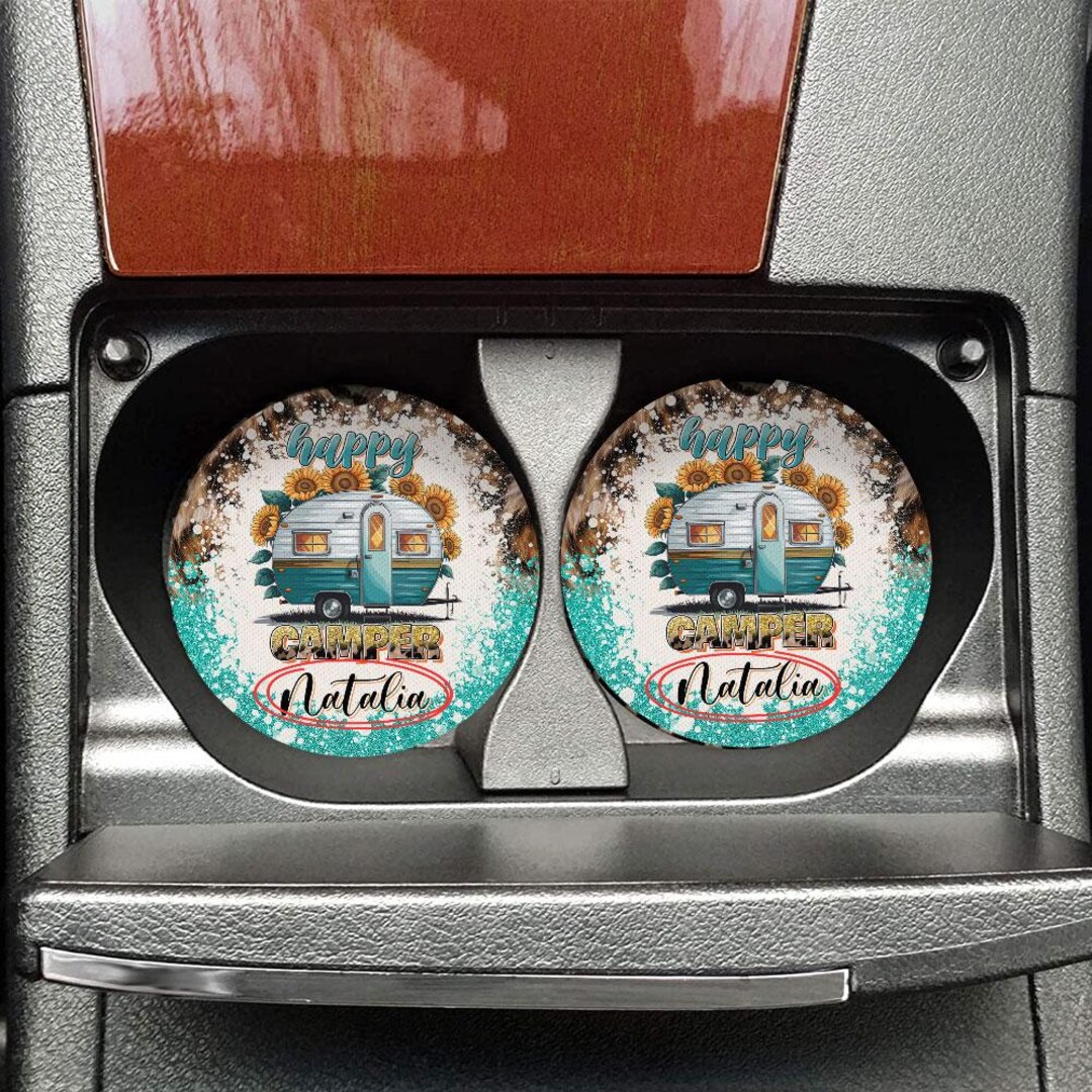 Personalized “happy Camper” Car Coasters – Custom Name Retro Camper ...