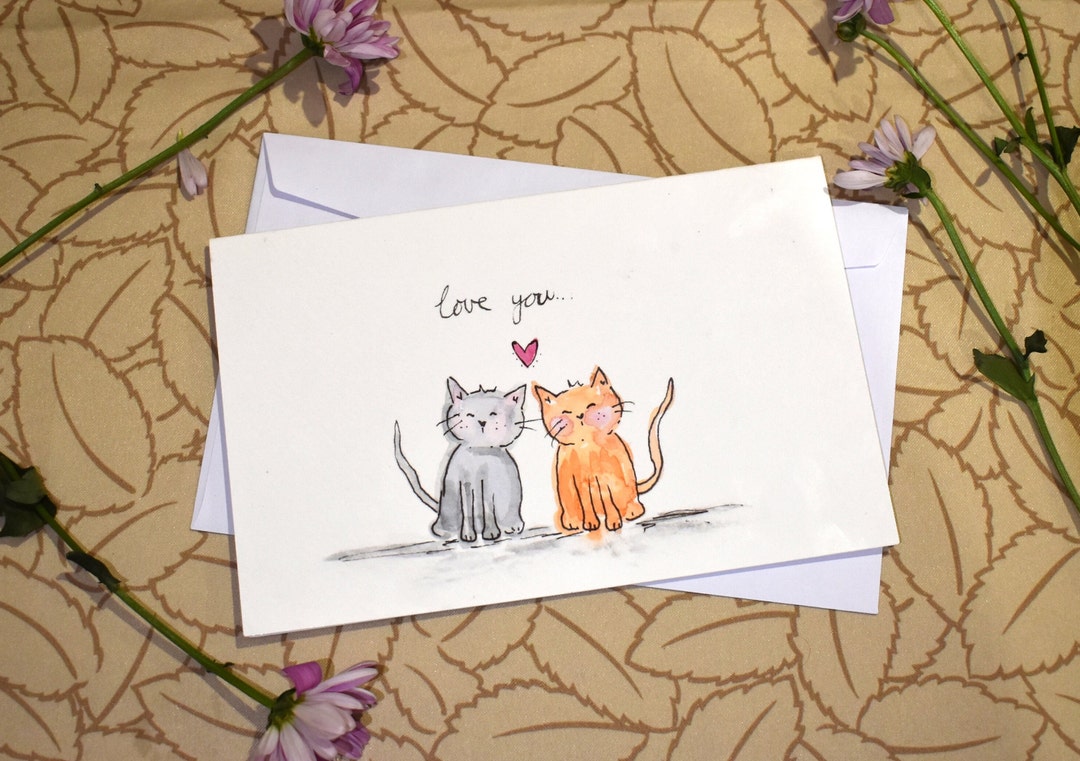 Love You Kitty Cat Card | Handmade Watercolor Card | Valentines Day ...