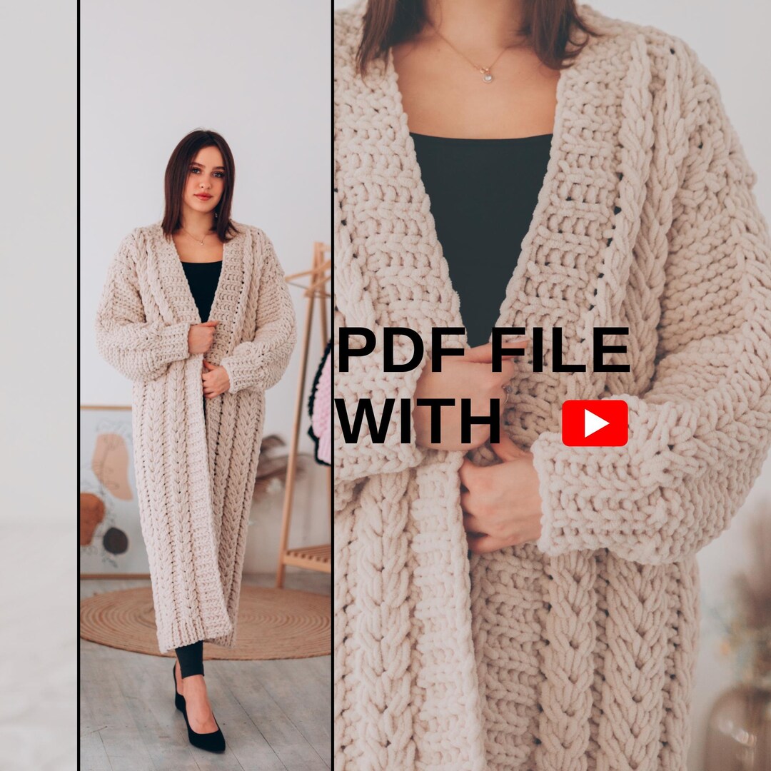 Fluffy Cardigan Pattern PDF + Video Tutorial, Hand Knit Sweater Pattern ...