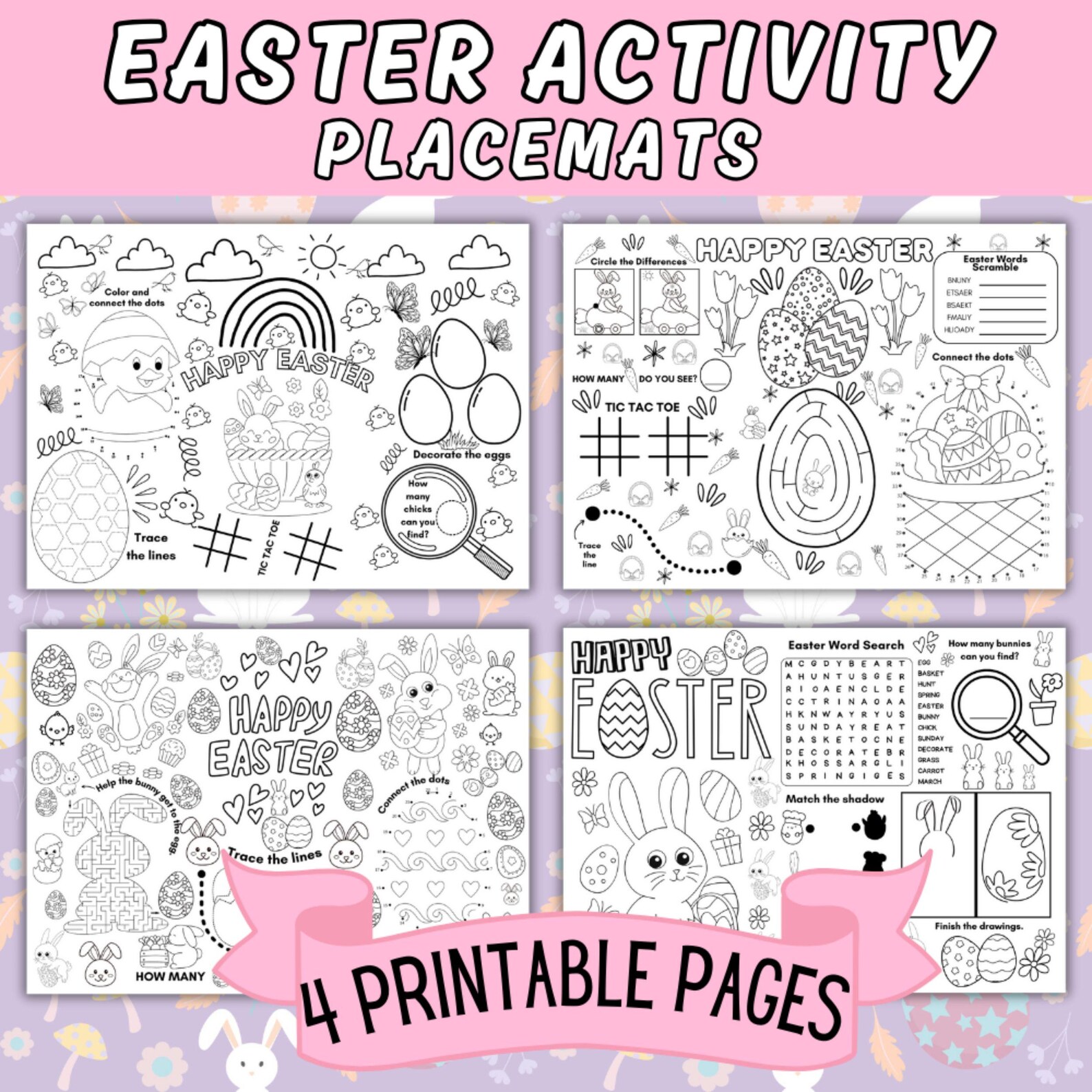 4 Easter Activity Placemats Printable for Kids,easter Coloring Placemat ...