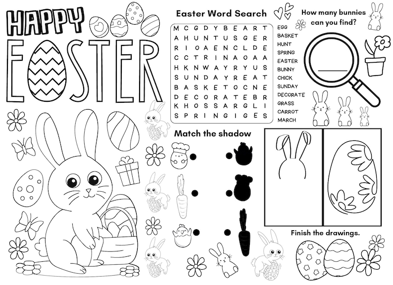4 Easter Activity Placemats Printable for Kids,easter Coloring Placemat ...