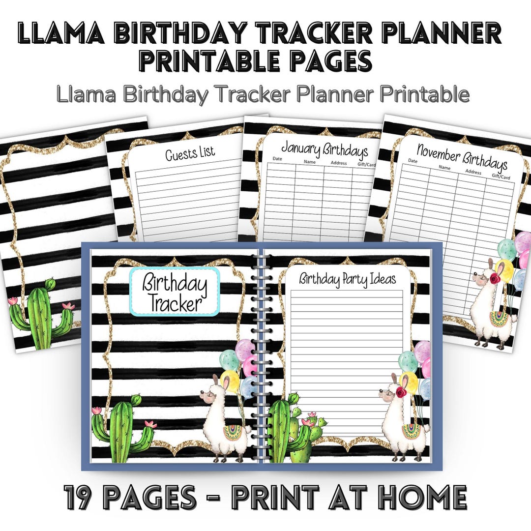 Llama Birthday Tracker Printable Planner • Birthday Calendar Organizer ...