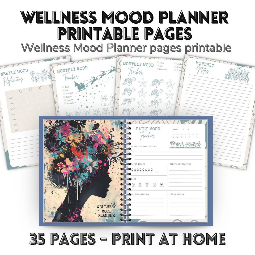Wellness Mood Tracker Printable Planner | 35-page Mental Health Journal ...