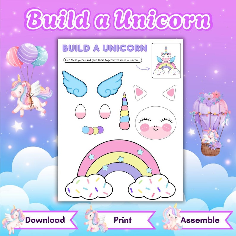 Unicorn Craft Printable Kids Activity , Build a Unicorn Cut and Paste ...