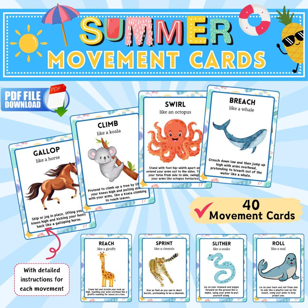 Summer Movement Cards Printable , Kids Activity Game , Animal Movement ...