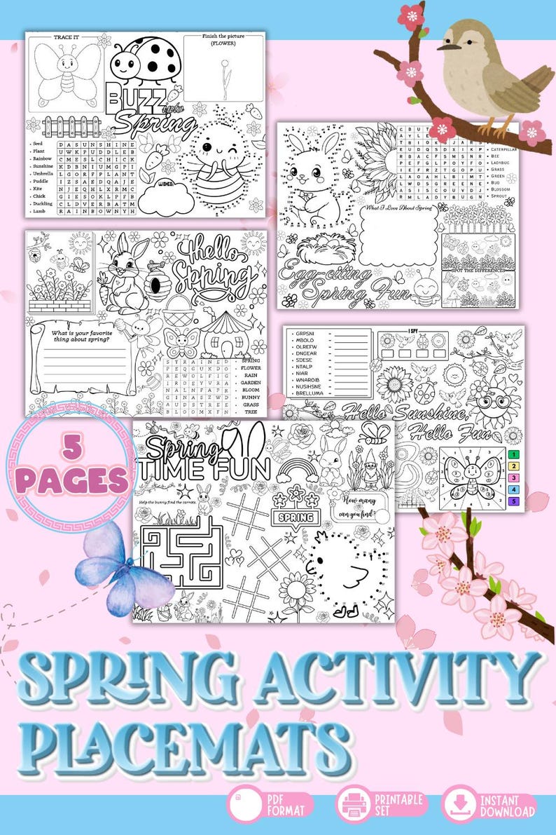 Spring Activity Placemats Printable for Kids, Spring Coloring Placemats ...