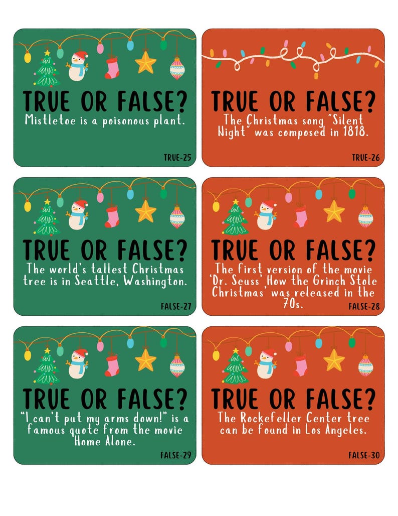 Juego imprimible de Verdadero o Falso navideño, Trivia navideña para ...