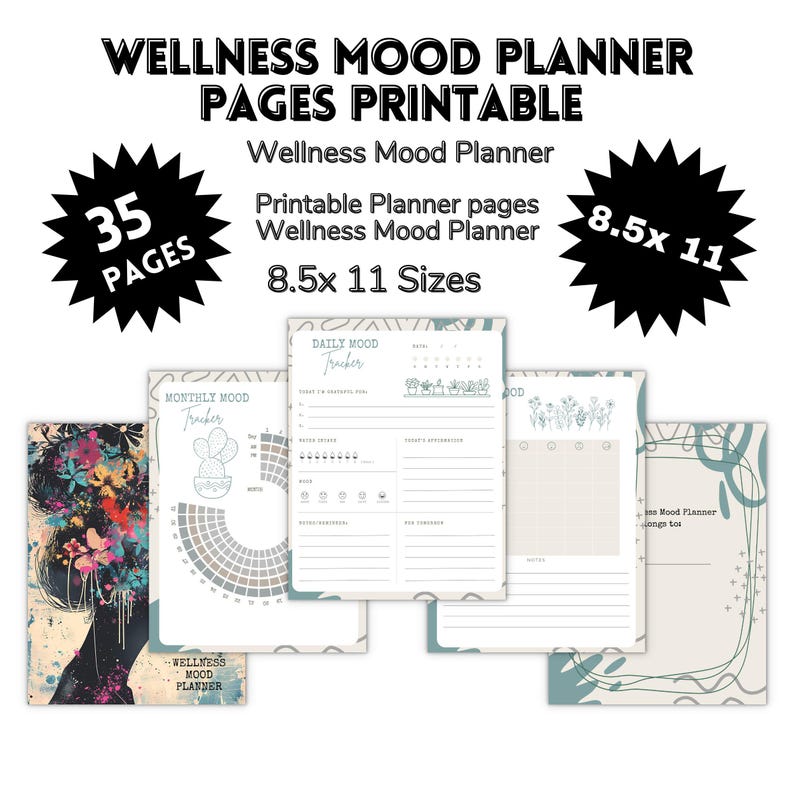 Wellness Mood Tracker Printable Planner | 35-page Mental Health Journal ...