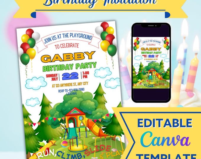 Playground Birthday Invitation Template, Party in the Park Outdoor ...