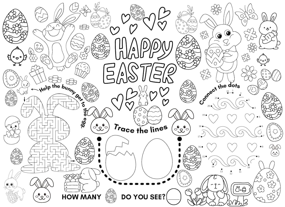 4 Easter Activity Placemats Printable for Kids,easter Coloring Placemat ...