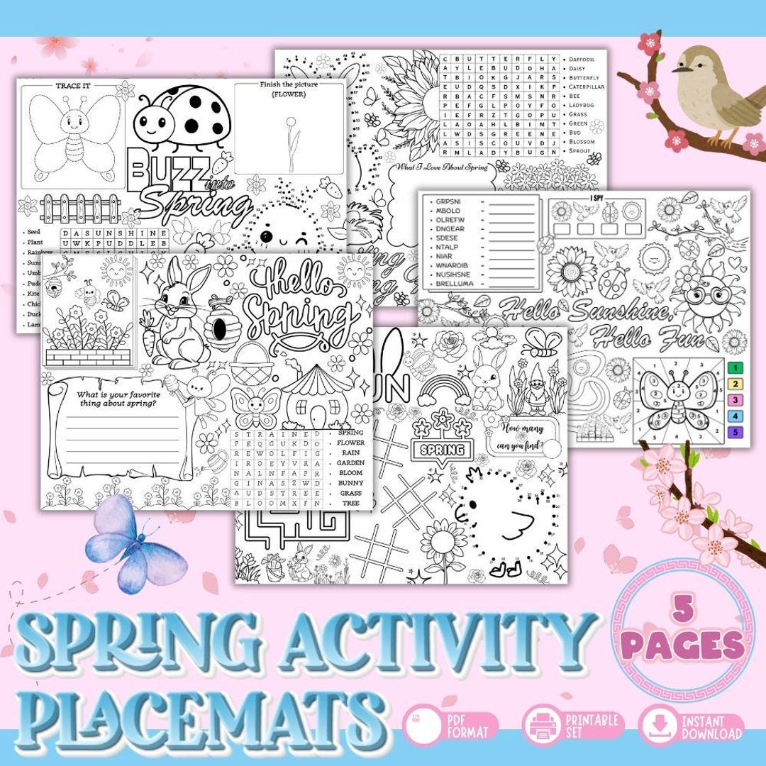 Spring Activity Placemats Printable for Kids, Spring Coloring Placemats ...